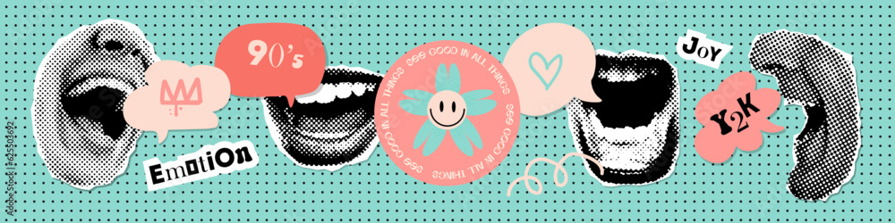 y2k Pop Art style comic lips calling and yelling out loud with speech ...