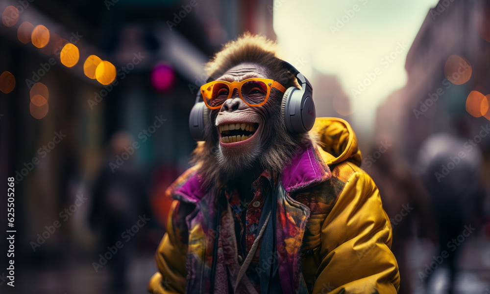 Happy anthropomorphic monkey with a big smile and headphone, enjoying ...