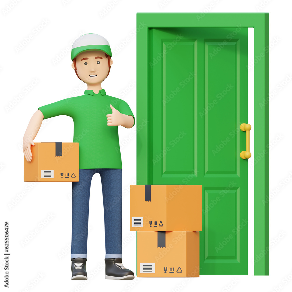 courier delivery man sending package box in front of door 3d cartoon ...