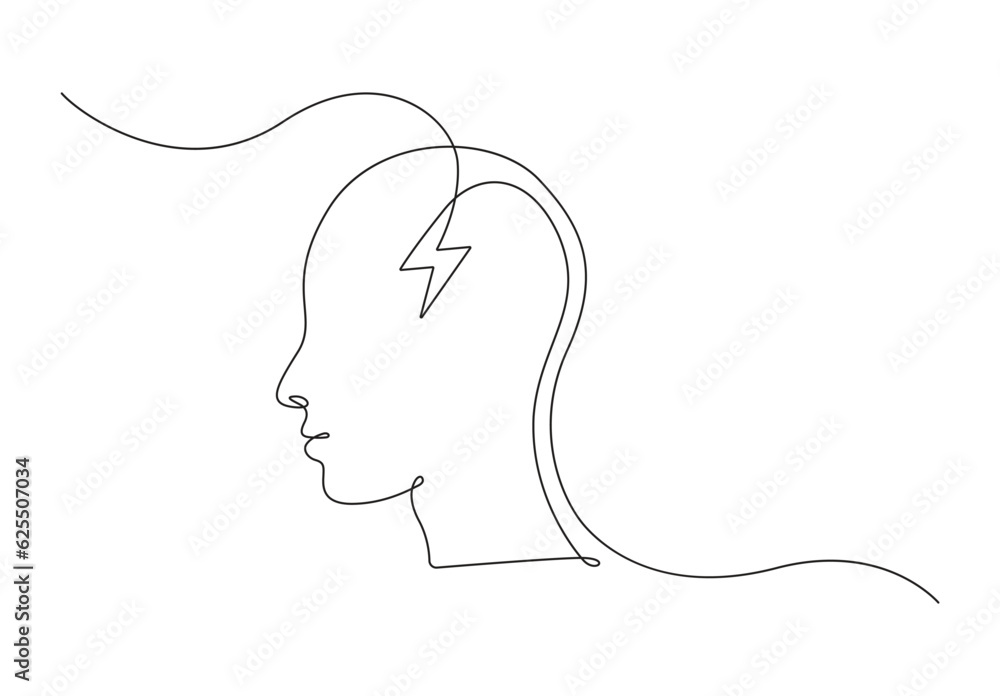One continuous line drawing of head with charging and lightning battery ...