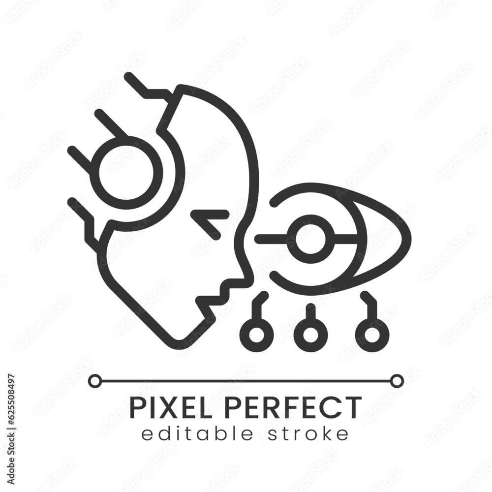 AI see pixel perfect linear icon. Machine vision. Artificial ...