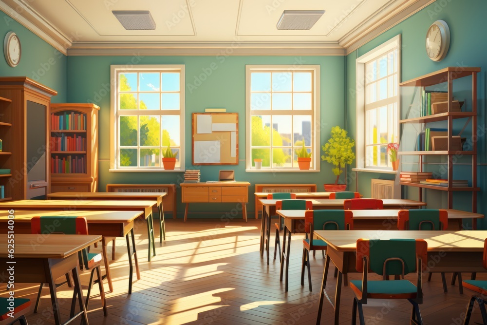 Cartoon classroom interior with view on the blackboard, school desks ...