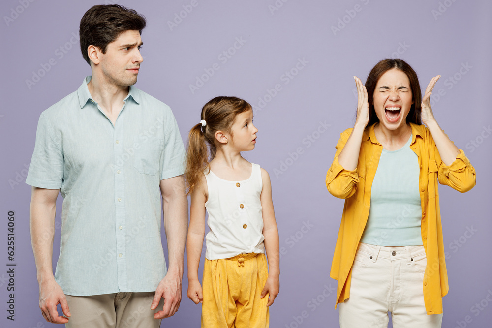 Young stressed troubled nervous parents mom dad with child kid daughter ...