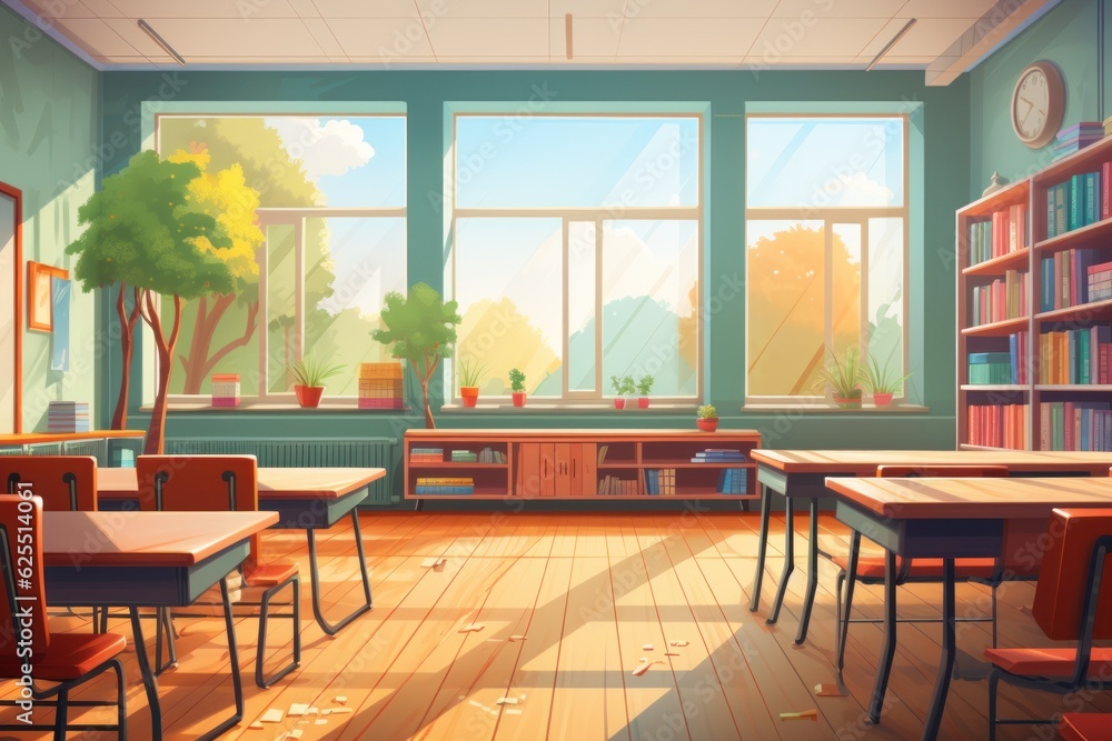 Cartoon classroom interior with view on the blackboard, school desks ...