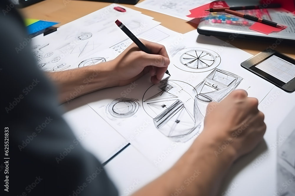 A graphic designer brainstorming ideas and sketching concepts for a new ...