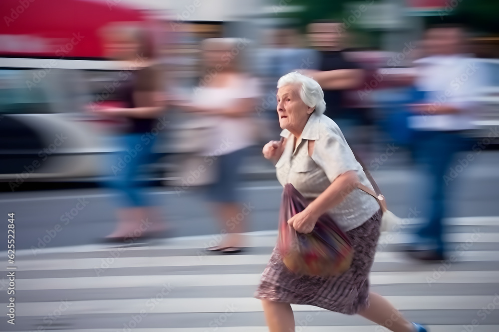 Funny old woman running fast on a busy street. Panning image ...