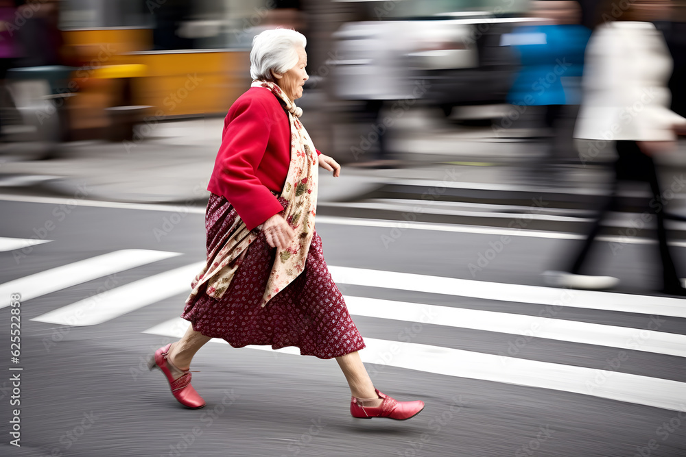 Funny old woman running fast on a busy street. Panning image ...