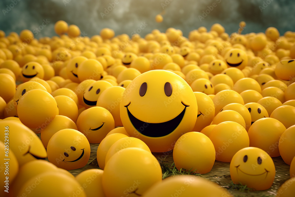 Generative Ai collage image of multiple yellow smiley emoticon balls ...
