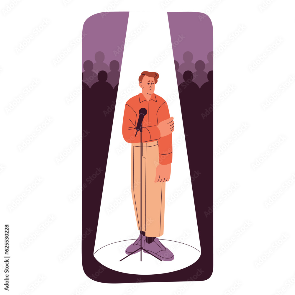 Public speech fear concept. Nervous shy speaker at microphone on stage ...
