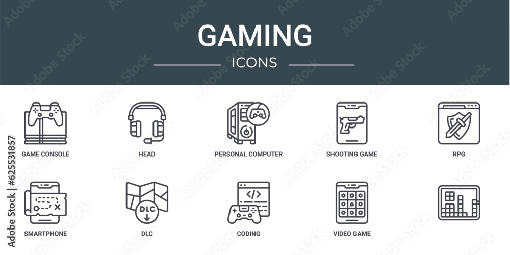 set of 10 outline web gaming icons such as game console, head, personal ...