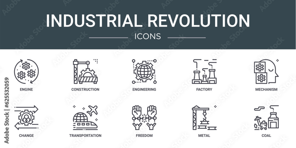 set of 10 outline web industrial revolution icons such as engine ...