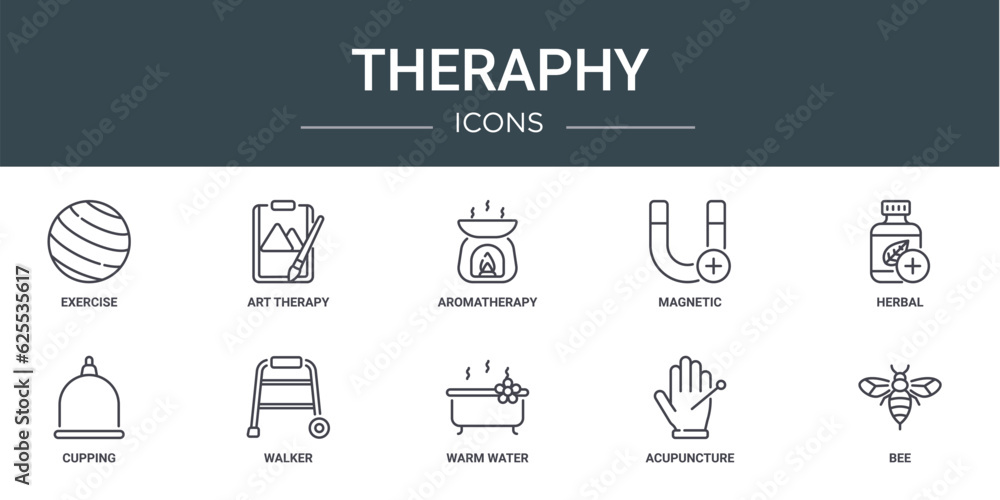 set of 10 outline web theraphy icons such as exercise, art therapy ...