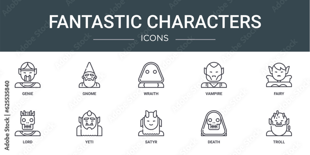 set of 10 outline web fantastic characters icons such as genie, gnome ...