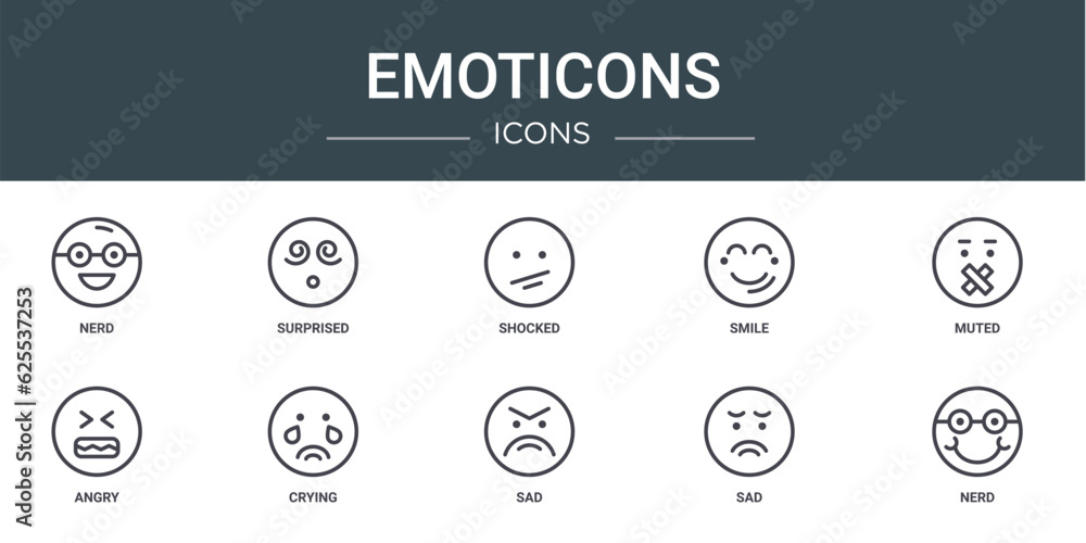 set of 10 outline web emoticons icons such as nerd, surprised, shocked ...