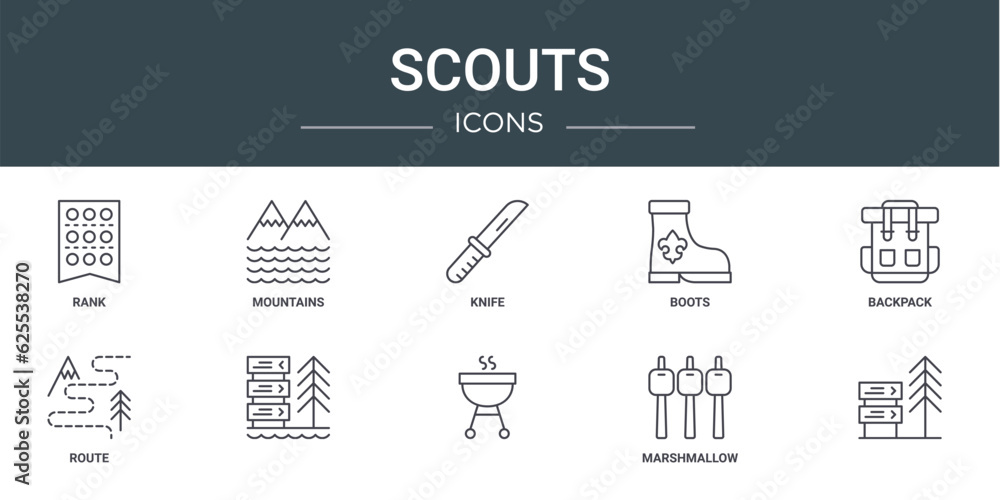 set of 10 outline web scouts icons such as rank, mountains, knife ...