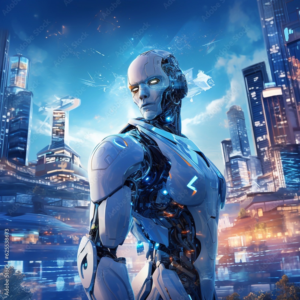 White robot cyborg, against the background of a fantastic 3D city ...
