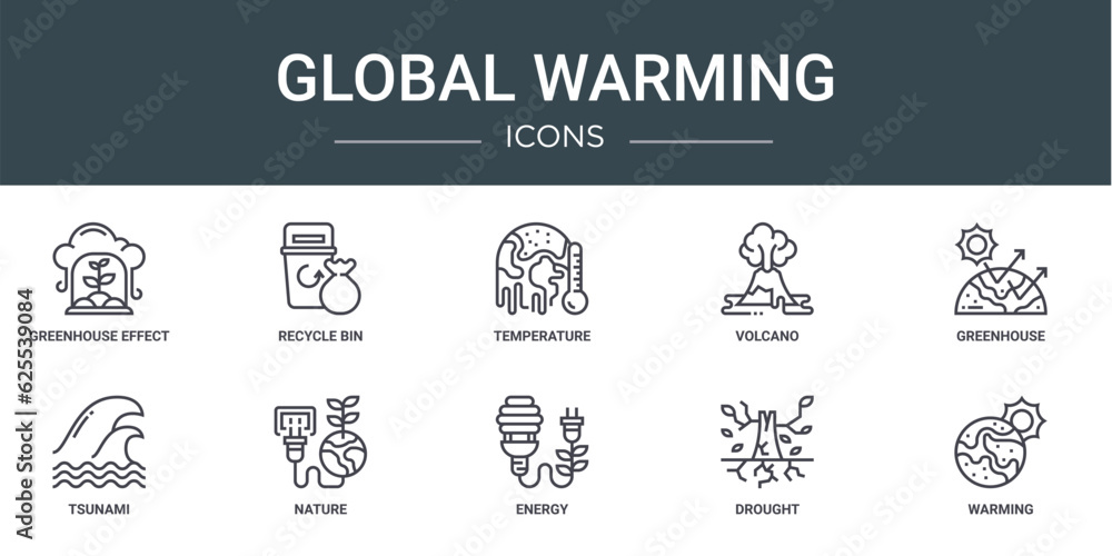 set of 10 outline web global warming icons such as greenhouse effect ...