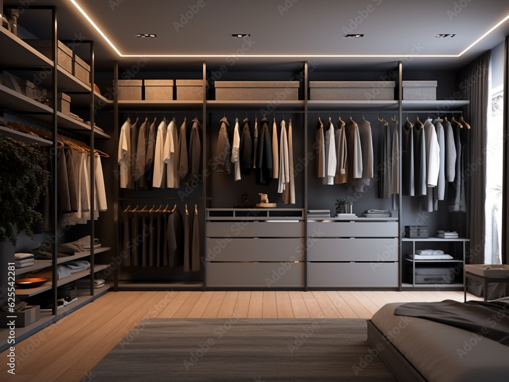 Sleek and functional grey walk-in wardrobe design. Generative AI Stock ...