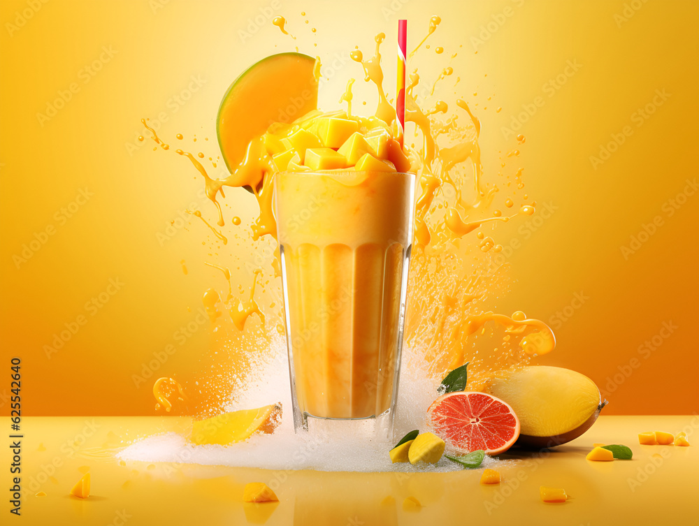 Fresh mango drink with a splash of mango cocktail on deep yellow ...