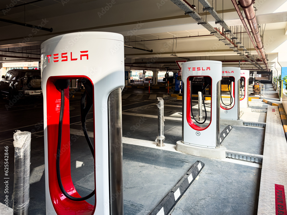 Tesla Charging stations in a mall parking lot at Masdar City, Abu Dhabi ...