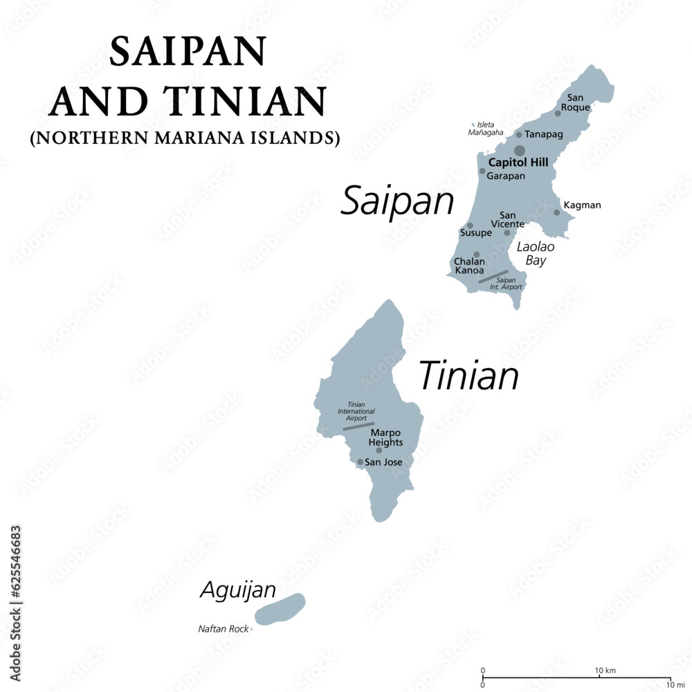Saipan and Tinian, Northern Mariana Islands, gray political map ...