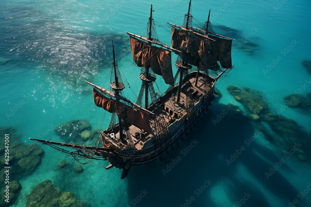 A captivating bird's-eye view of a pirate ship cutting through teal ...