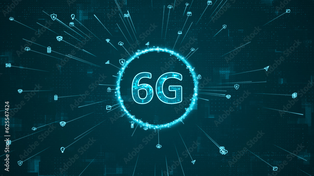 Blue digital 5G logo and ring rotation around logo with ai icon spread ...