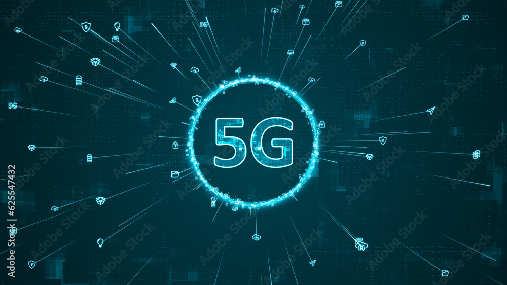 Blue digital 5G logo and ring rotation around logo with ai icon spread ...