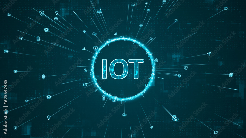 Blue digital IOT logo and ring rotation around logo with ai icon spread ...