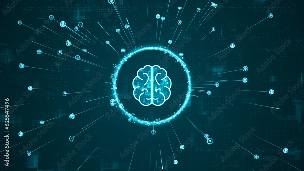 Blue digital brain logo and AI icons ring rotation around logo with ai ...