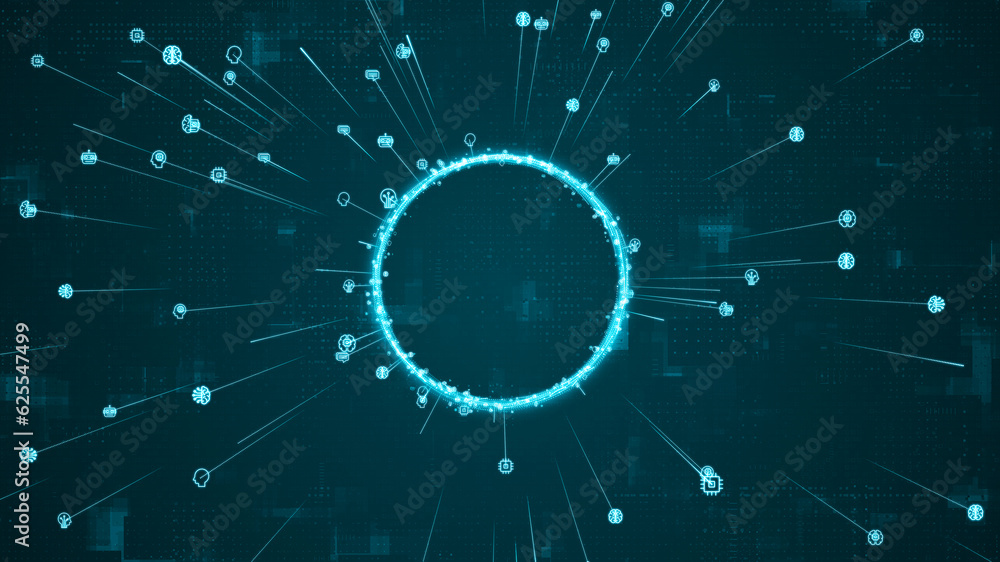 Blue digital AI icons ring rotation around logo with ai icon spread and ...