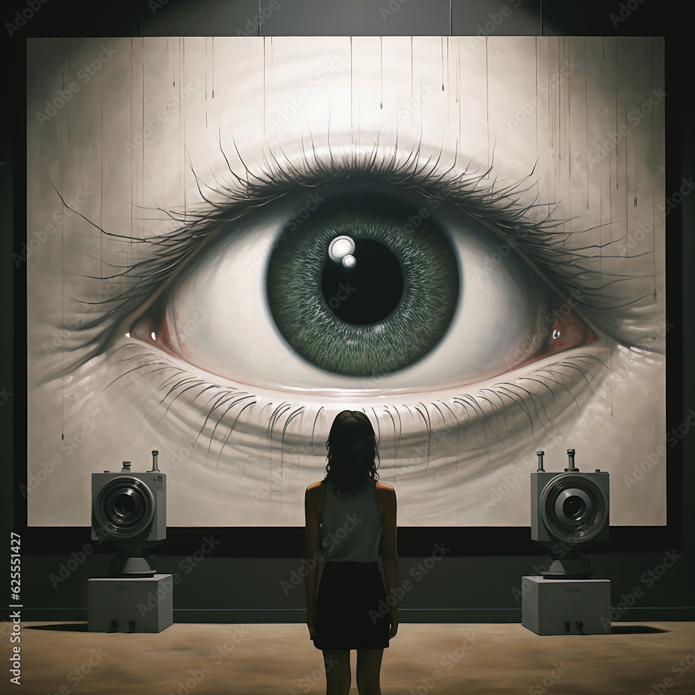 Vigilant Reflections: Young Woman Contemplates the Giant Eye ...