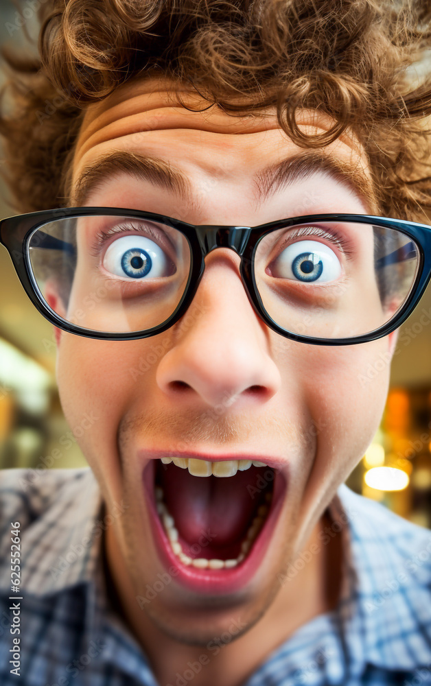 A funny young man has an astonished and incredulous look, eyes and mouth wide open, he wears ...