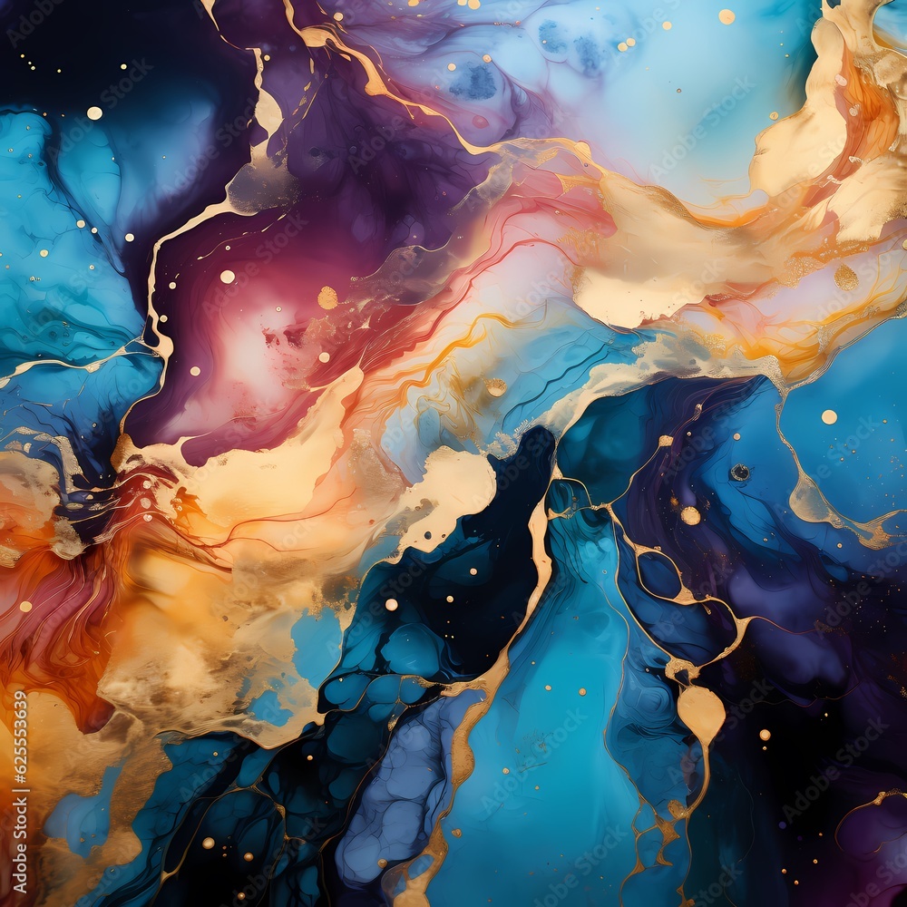 Alohol ink with gold spatters, blue purple and gold intertwined, galaxy ...