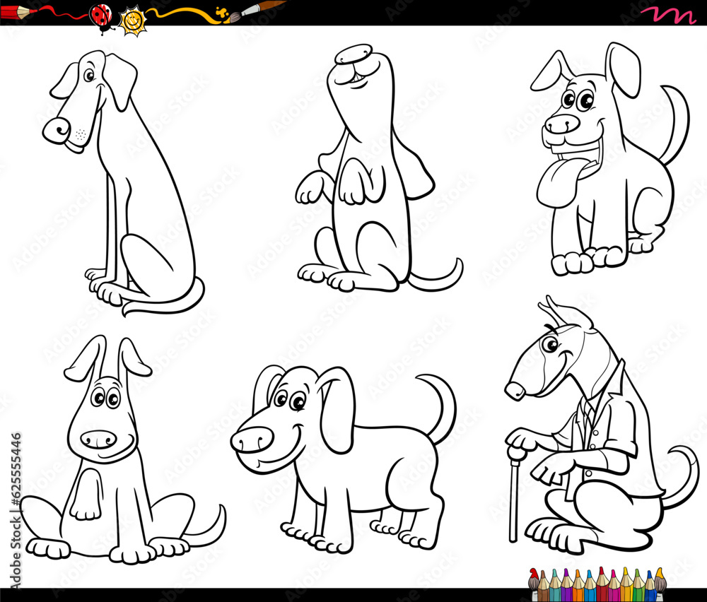 cartoon dogs animal characters set coloring page Stock Vector | Adobe Stock