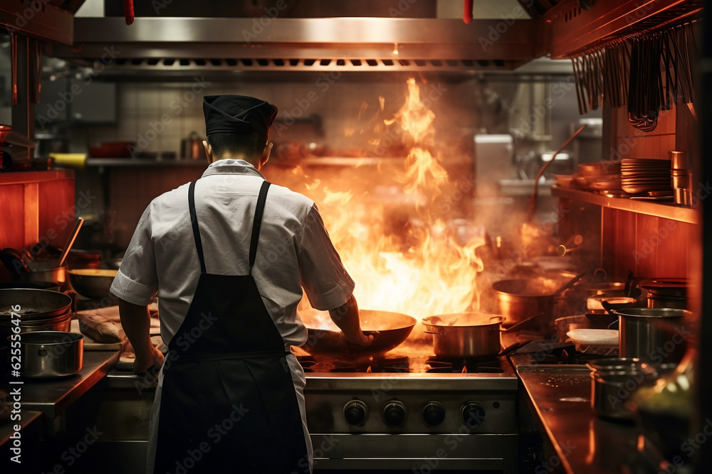 Chef in an Asian restaurant kitchen, flame and smoke on the gas stove ...