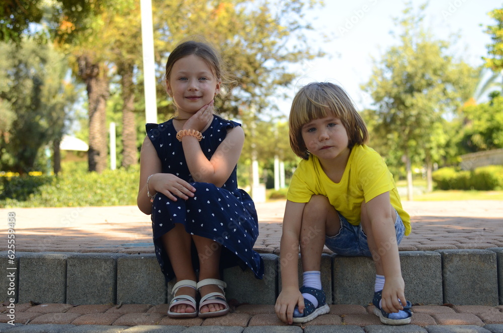 Brother and sister are preschoolers. Lovely children 4-5 years old. The ...