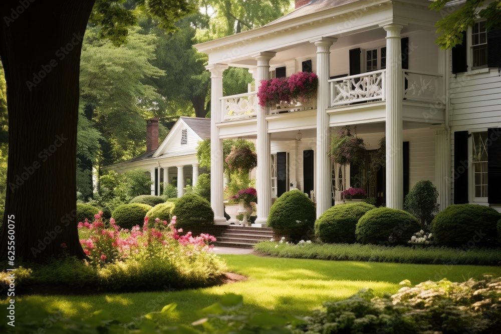 The front of a typical American colonial house features white ...