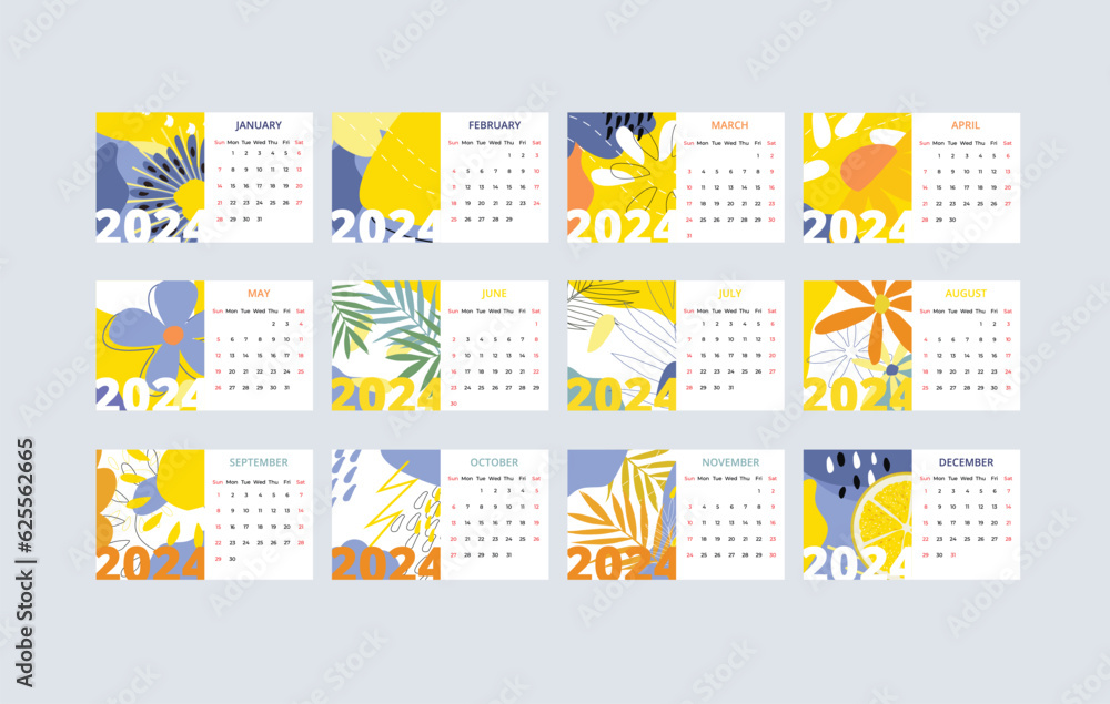 Bright colorful calendar for 2024. Calendar template for printing ...