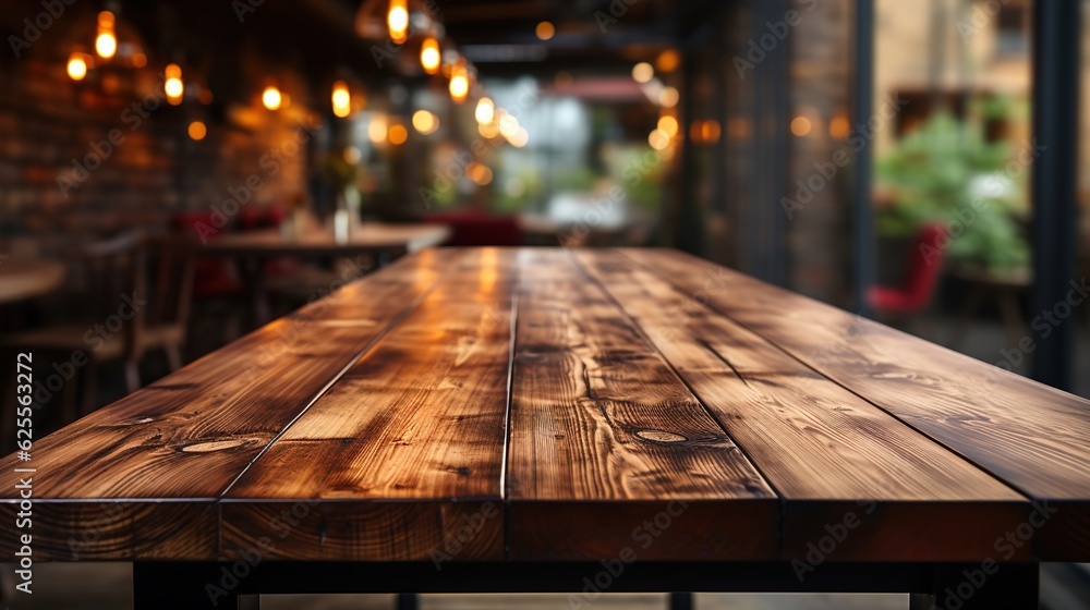 a front view of a dark rustic brown, empty wooden table for product ...