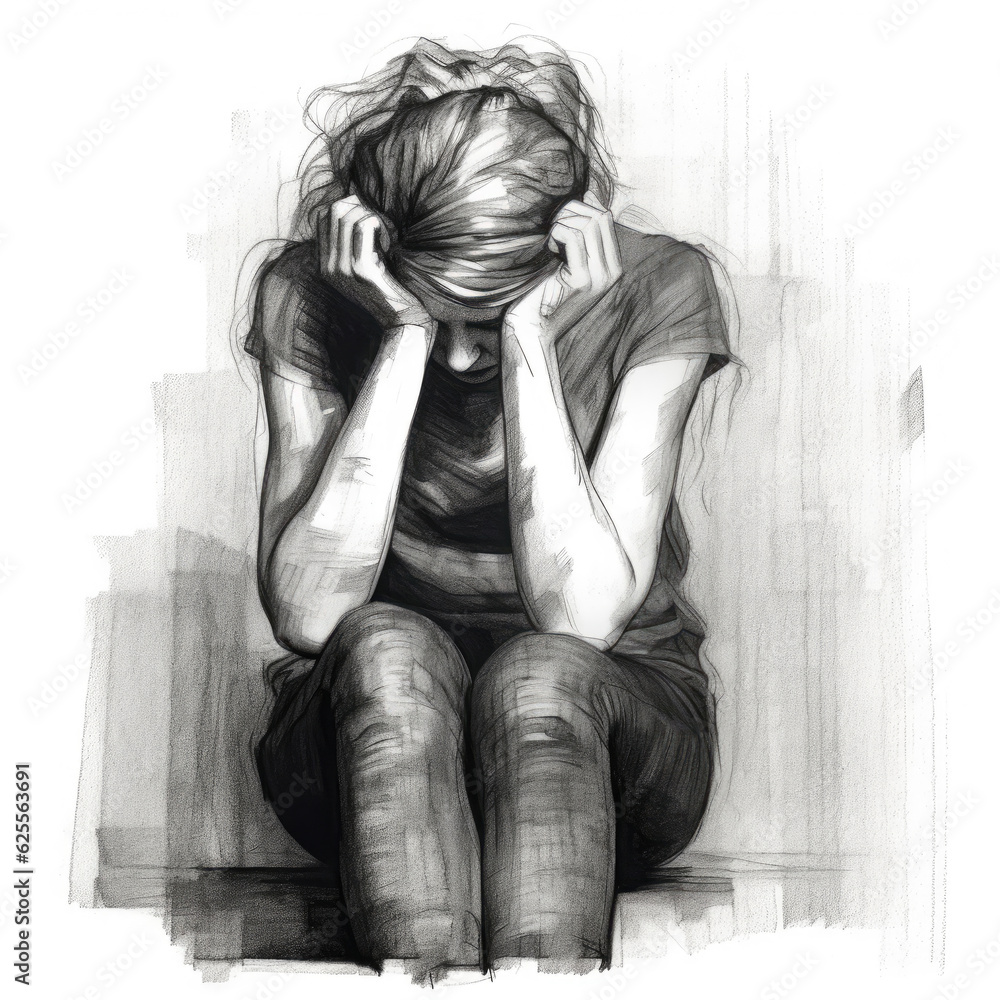 A black and white drawing of a woman sitting depressed and sad with her ...