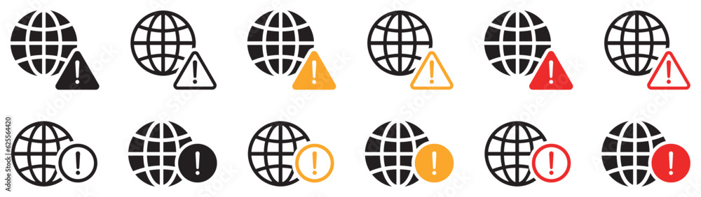 Set of internet warning icons. Global alert, world warning error ...