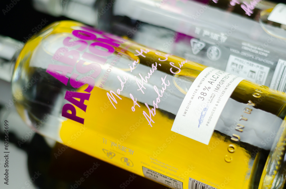 LONDON, UK - 11 JULY 2023 Absolut Passionfruit is a flavoured Swedish ...