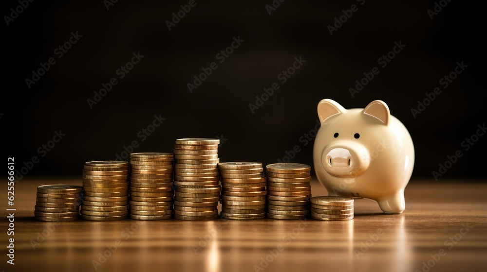 piggy bank with coin on the table with text space can use for ...