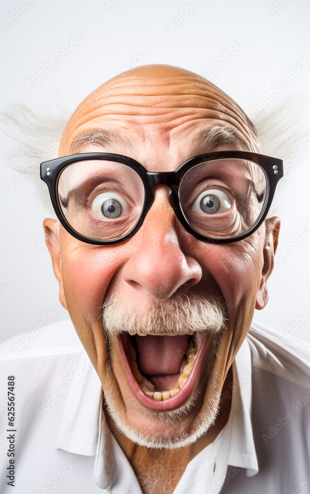 A funny old bald man has an astonished and incredulous look, eyes and mouth wide open, he wears ...