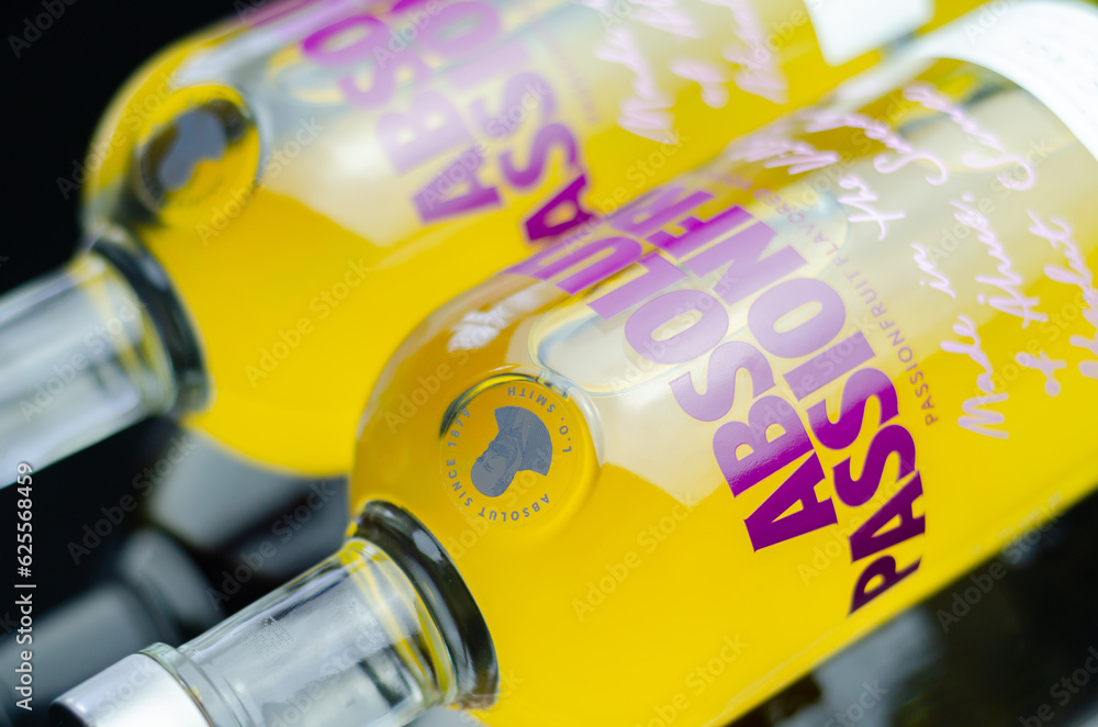 LONDON, UK - 11 JULY 2023 Absolut Passionfruit is a flavoured Swedish ...