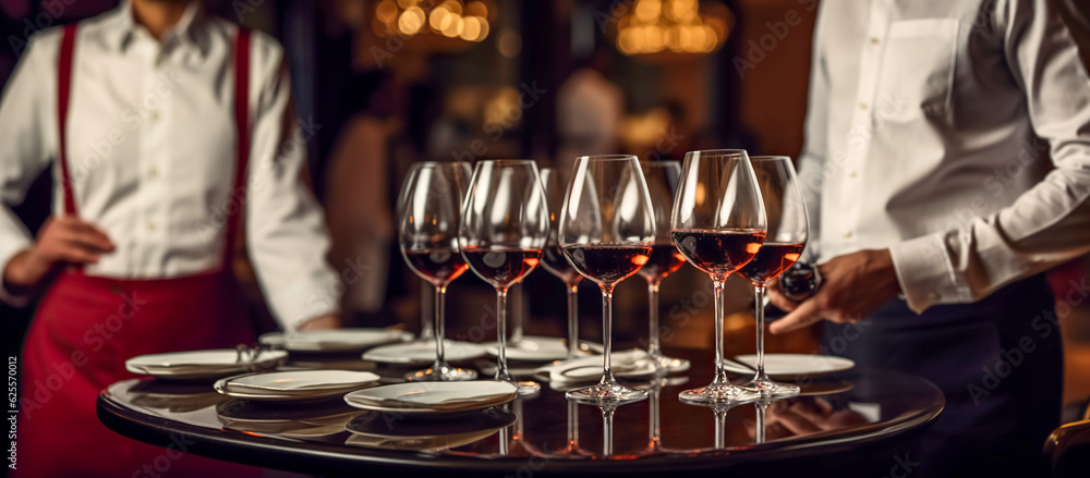 Waiters from catering service with wine glasses on the event. Buffet ...