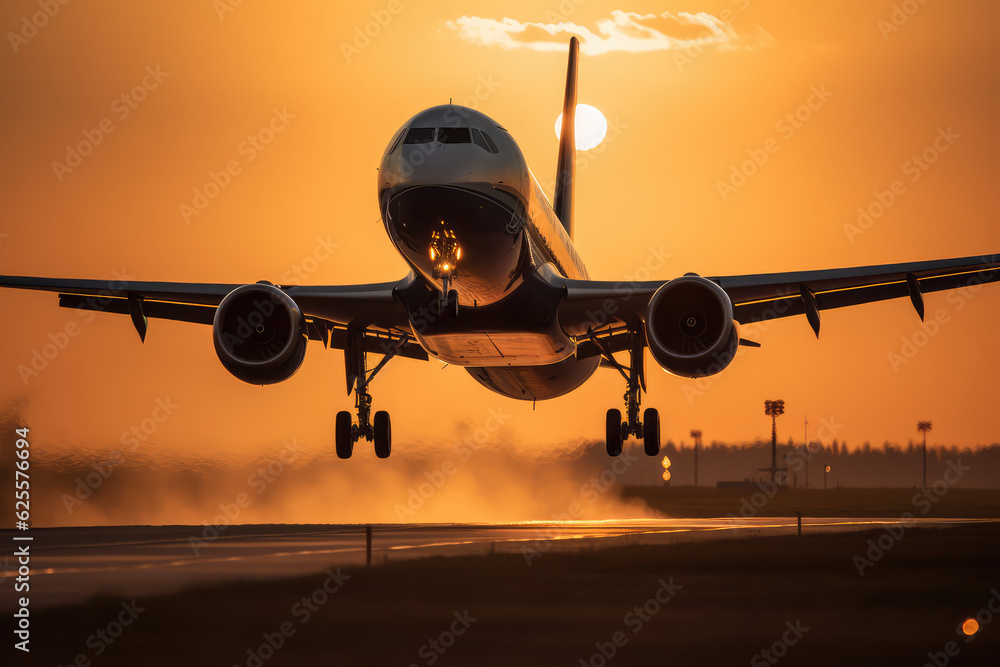 A large jetliner taking off from an airport runway at sunset or dawn ...