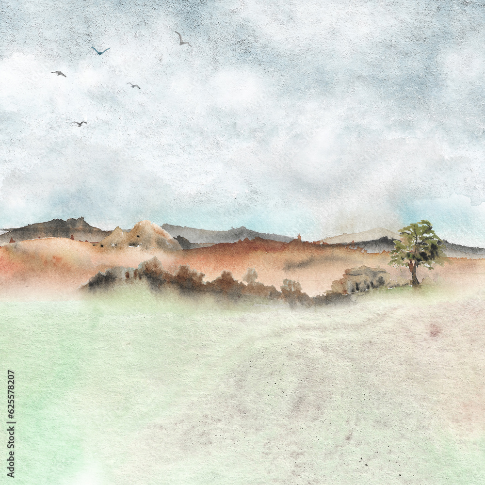 Watercolor Landscape Scrapbook Paper with Hand-painted Illustrations ...