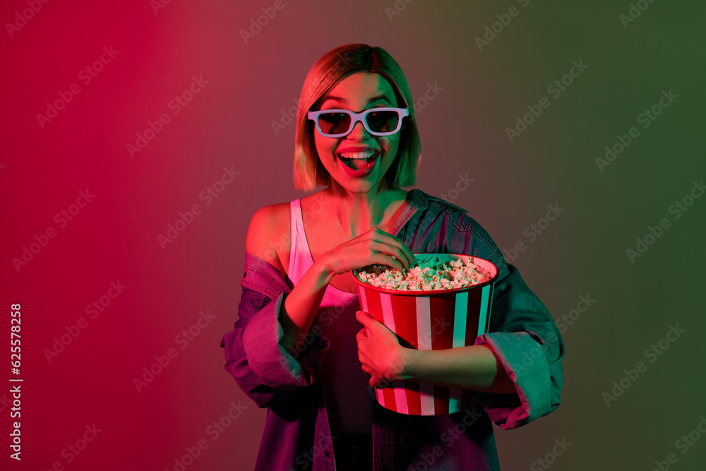 Portrait of surprised lady rest relax eat pop corn watch series using ...